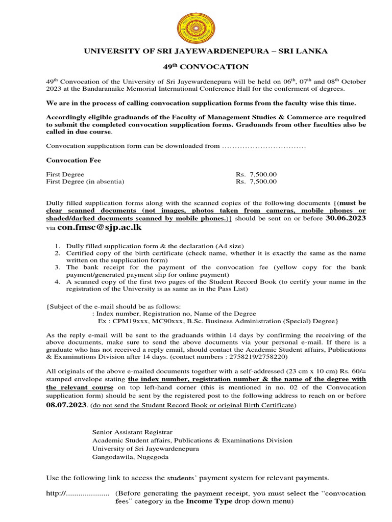 University of Sri Jayewardenepura - Sri Lanka 49 Convocation | PDF | Birth Certificate
