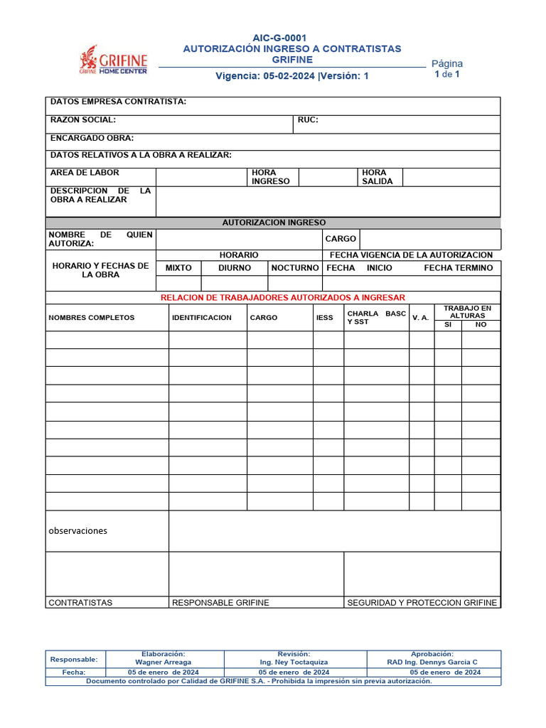 Autorización Ingreso A Contratistas | PDF