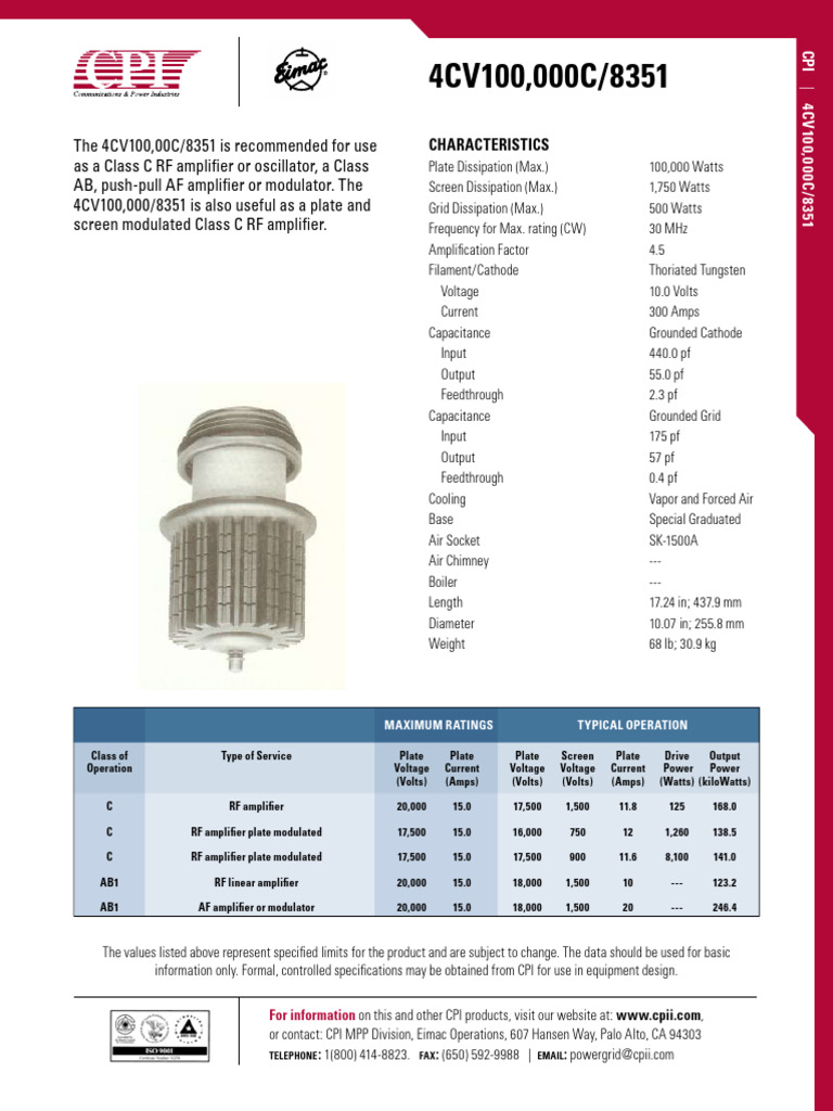 Eimac Class C RF Amplifier - 4CV100000C | PDF | Amplifier | Electronics