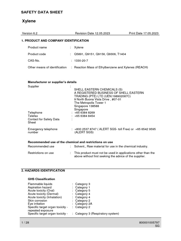 Xylene-MSDS | Download Free PDF | Personal Protective Equipment | Toxicity