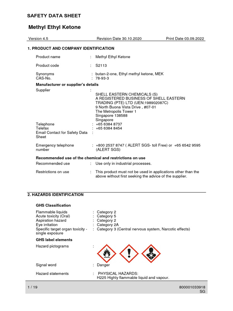 Methyl Ethyl Ketone Safety Data Sheet | PDF | Waste | Combustion