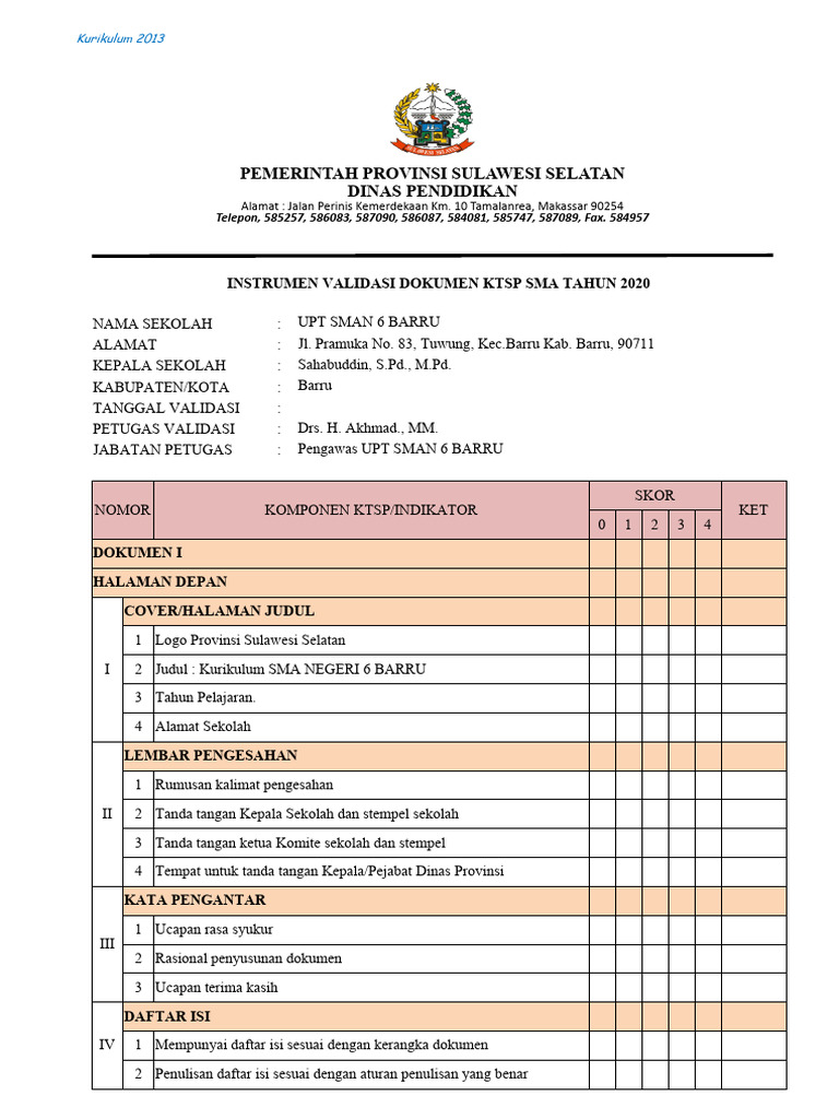 Format Instrumen Validasi KTSP 2019-2020 | PDF