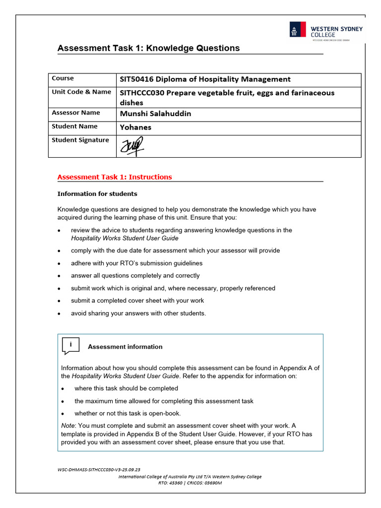 SITHCCC030 Assessment Task 1 Guide | PDF | Cooking | Baking