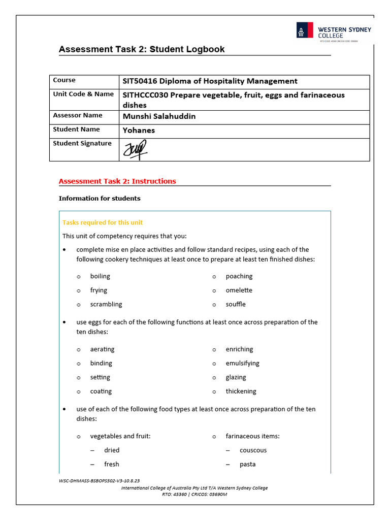 SITHCCC030 Assessment Task Overview | PDF | Stir Frying | Cooking