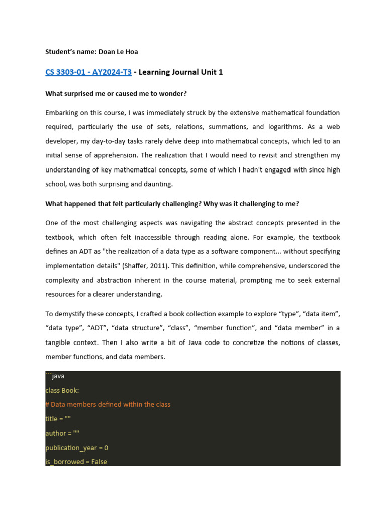 Data Structure - Learning Journal Unit 1 | PDF | Learning | Concept