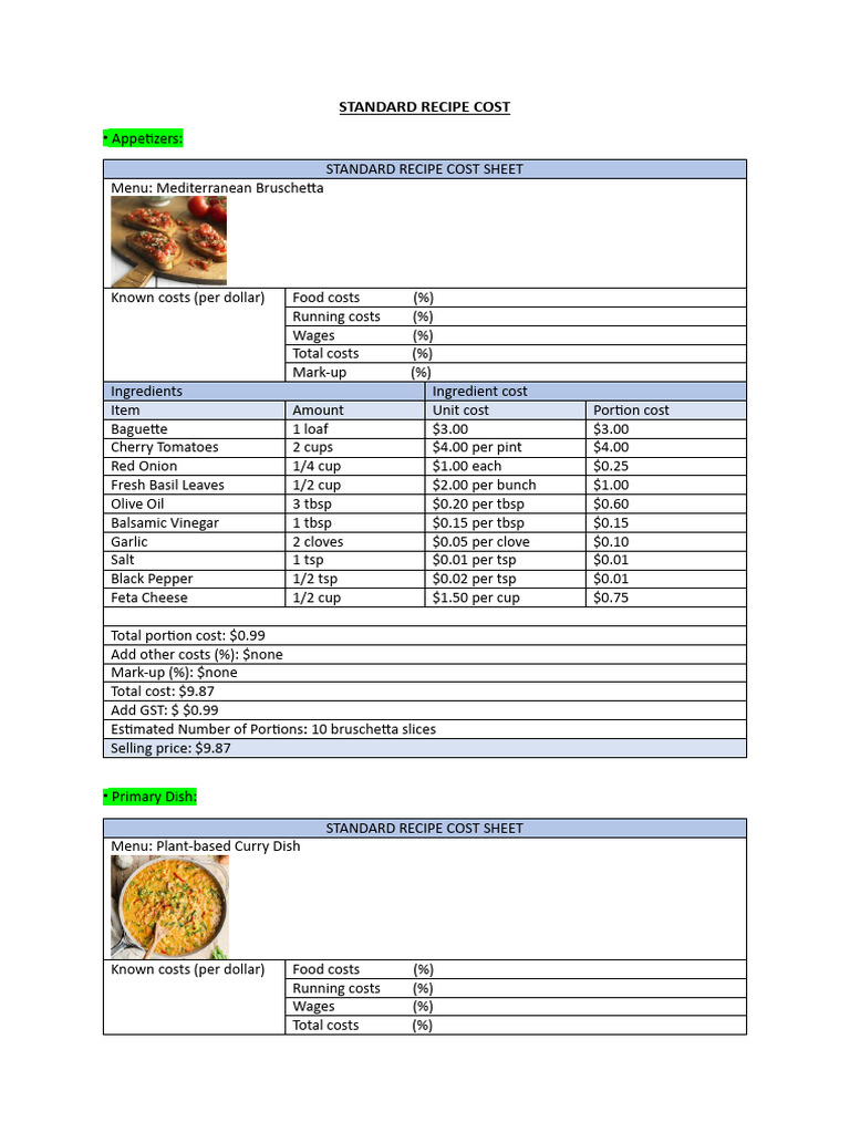 Standard Recipe Cost | PDF | Curry | Food And Drink