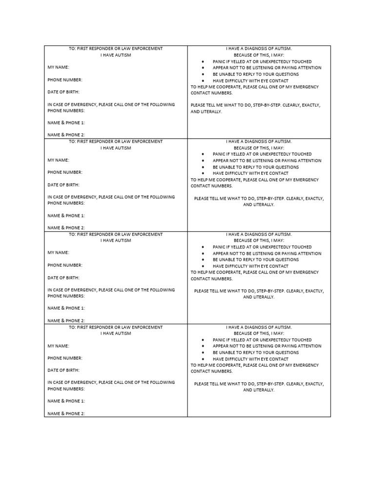 DIY Autism Emergency Cards For Parents | PDF | Neurodevelopmental ...