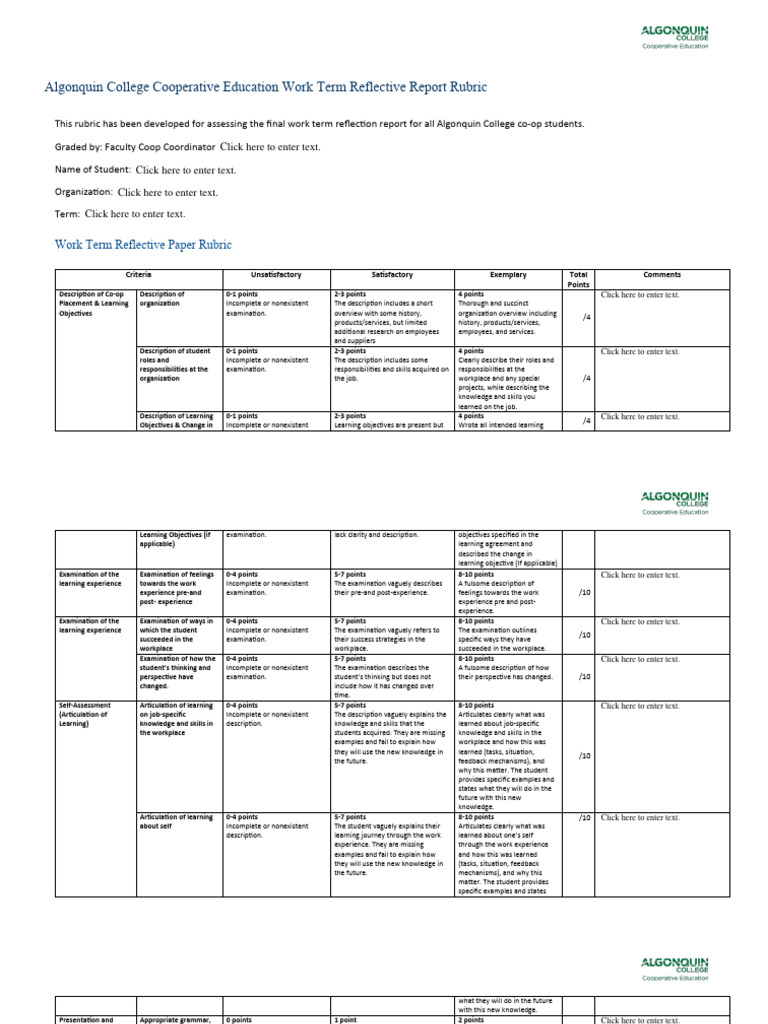 Work Term Reflective Report Rubric (Academic) | PDF | Experience ...