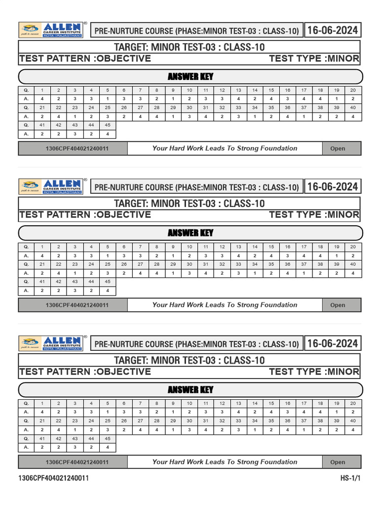 10 A Minor Test-3 - Maths-MA 1306CPF404021240011-Allen 160624 | PDF
