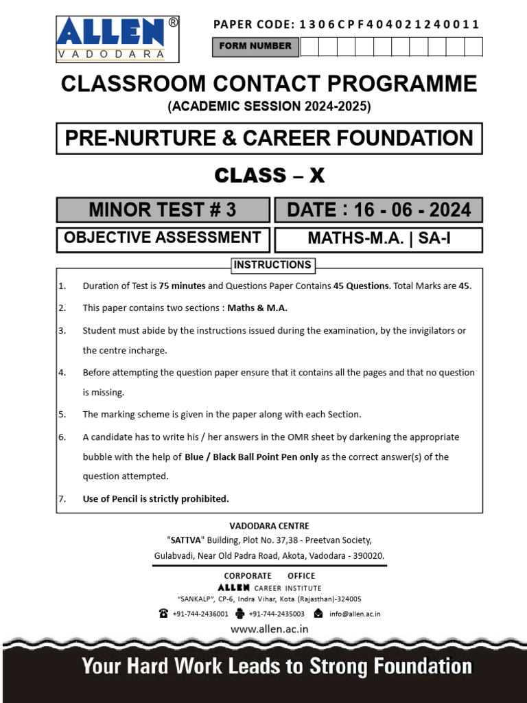 10 Q Minor Test-3 - Maths-MA 1306CPF404021240011-Allen 160624 | PDF ...
