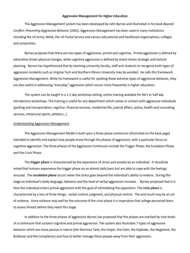 Aggression Management Handout - Workplace Violence | PDF | Aggression | Violence