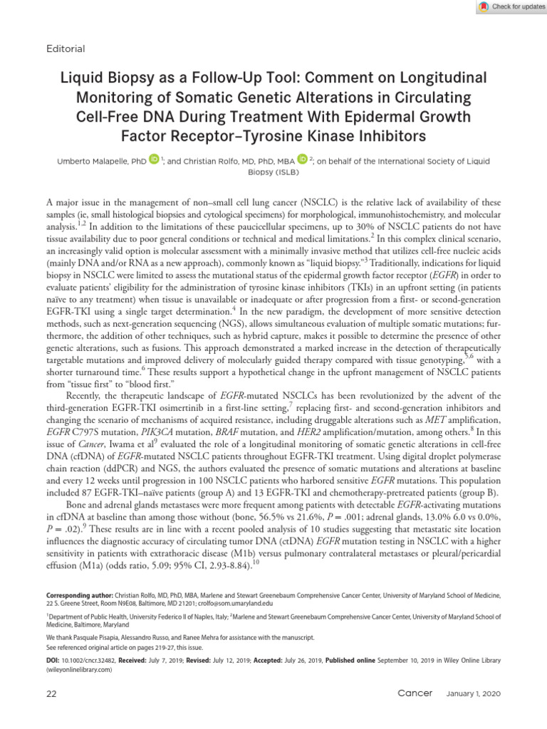 Cancer - 2019 - Malapelle - Liquid biopsy as a follow‐up tool Comment on longitudinal monitoring ...