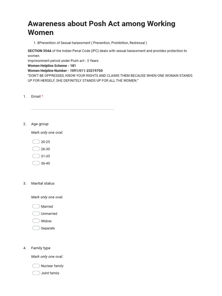 Awareness About Posh Act Among Working Women - Google Forms | PDF ...