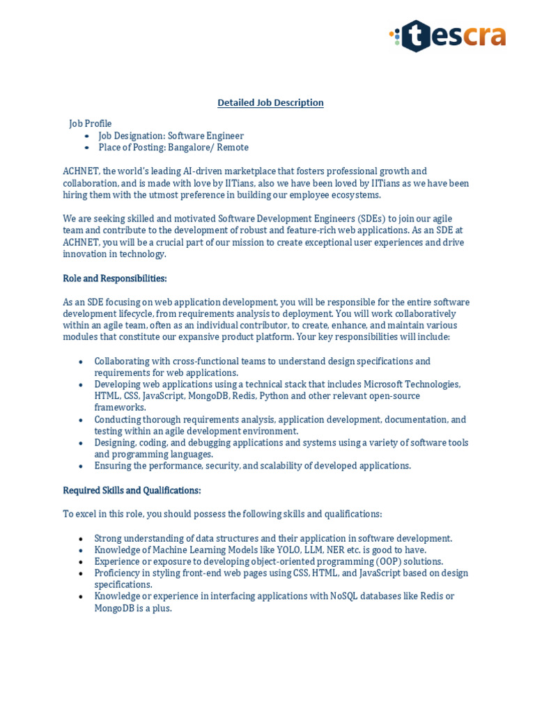 Detailed Job Description - Tescra | PDF | Computer Programming ...
