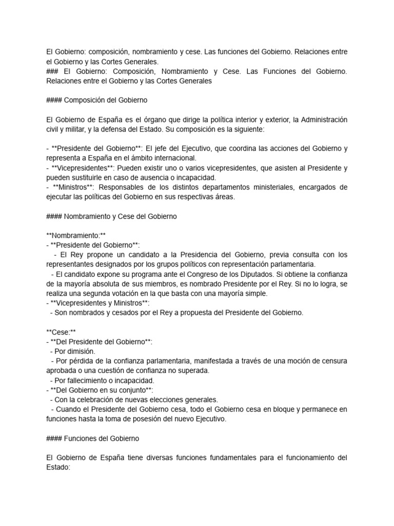 El Gobierno - Composición, Nombramiento y Cese. Las Funciones Del ...