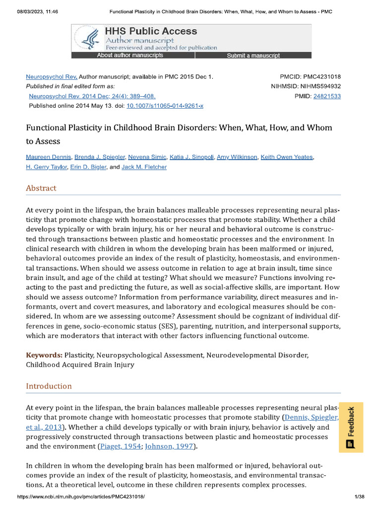 Functional Plasticity in Childhood Brain Disorders When, What, How, and ...