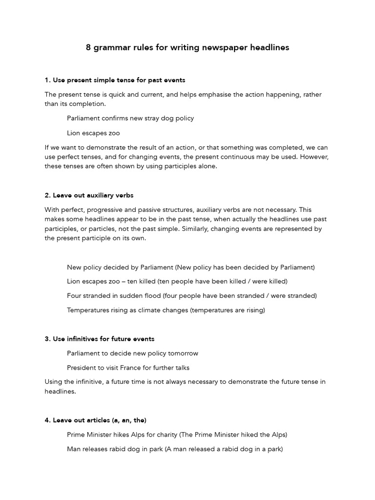 8 Grammar Rules For Writing Newspaper Headlines | PDF | Grammatical ...
