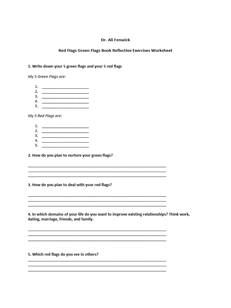 Dr. Fenwicks Red Flags Green Flags Reflective Exercises Worksheet 1 ...