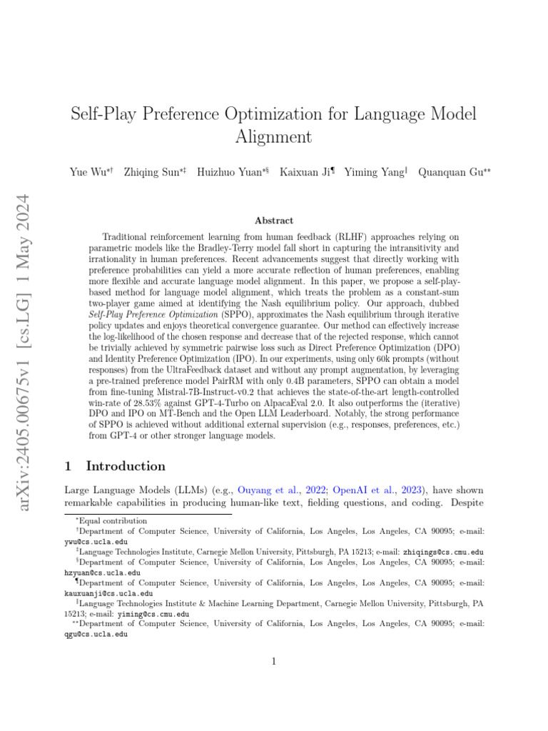 Self-Play Preference Optimization For Language Model Alignment | PDF ...