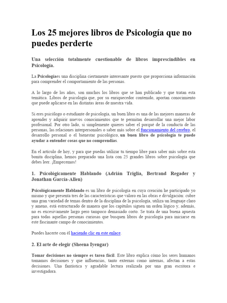 Los 25 Mejores Libros de Psicología Que No Puedes Perderte | PDF ...