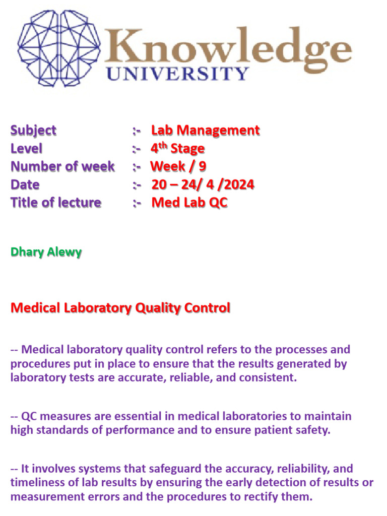 Lab Management 4 Stage Week / 9 20 - 24/ 4 /2024 Med Lab QC | PDF ...