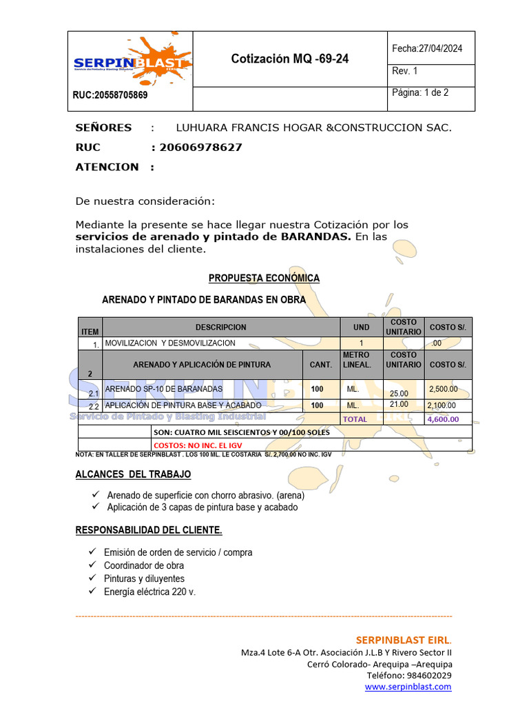Cotizacion 69-24 Arenado y Pintado de Barandas | PDF | Economias
