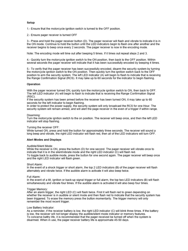 Motorcycle Pager Receiver Setup Guide | PDF | Security Alarm