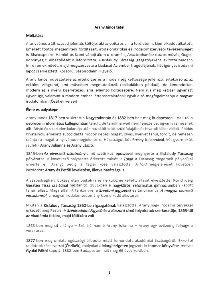 Arany János Tétel | PDF