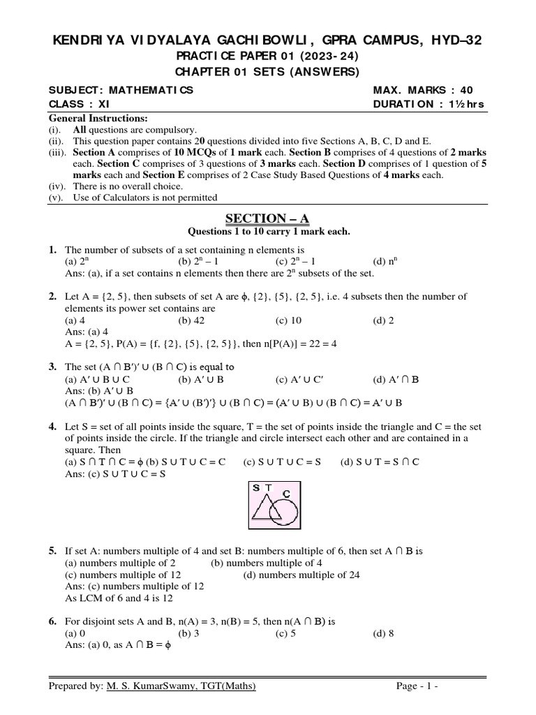 Maths Class Xi Chapter 01 Sets Practice Paper 01 Answers | PDF ... Maths Class Xi Chapter 01 Sets Practice Paper 01 Answers | PDF ...