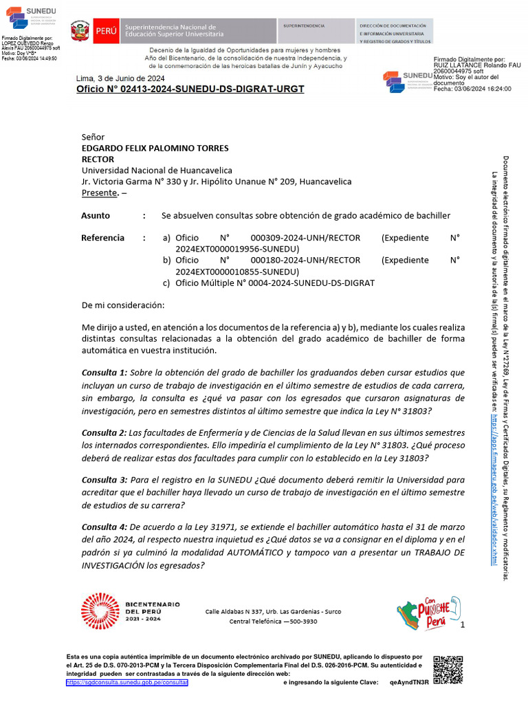 Oficio 2413-2024-Sunedu-Ds-Digrat-Urgt | PDF | Titulo academico ...