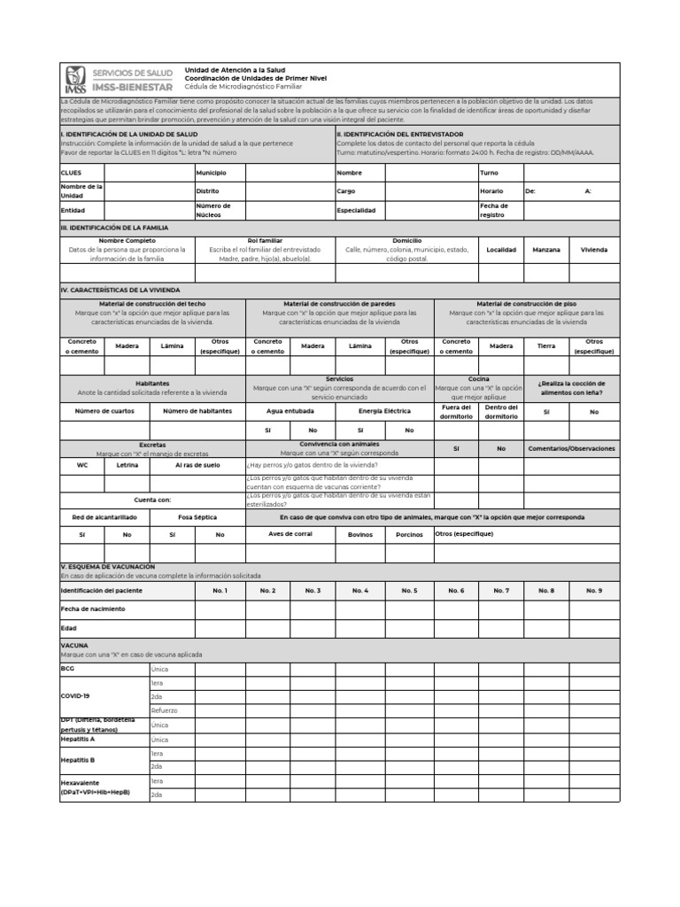 Cedula Microdiagnostico Familiar Imss Bienestar | PDF | Epidemiología | Enfermedades y trastornos
