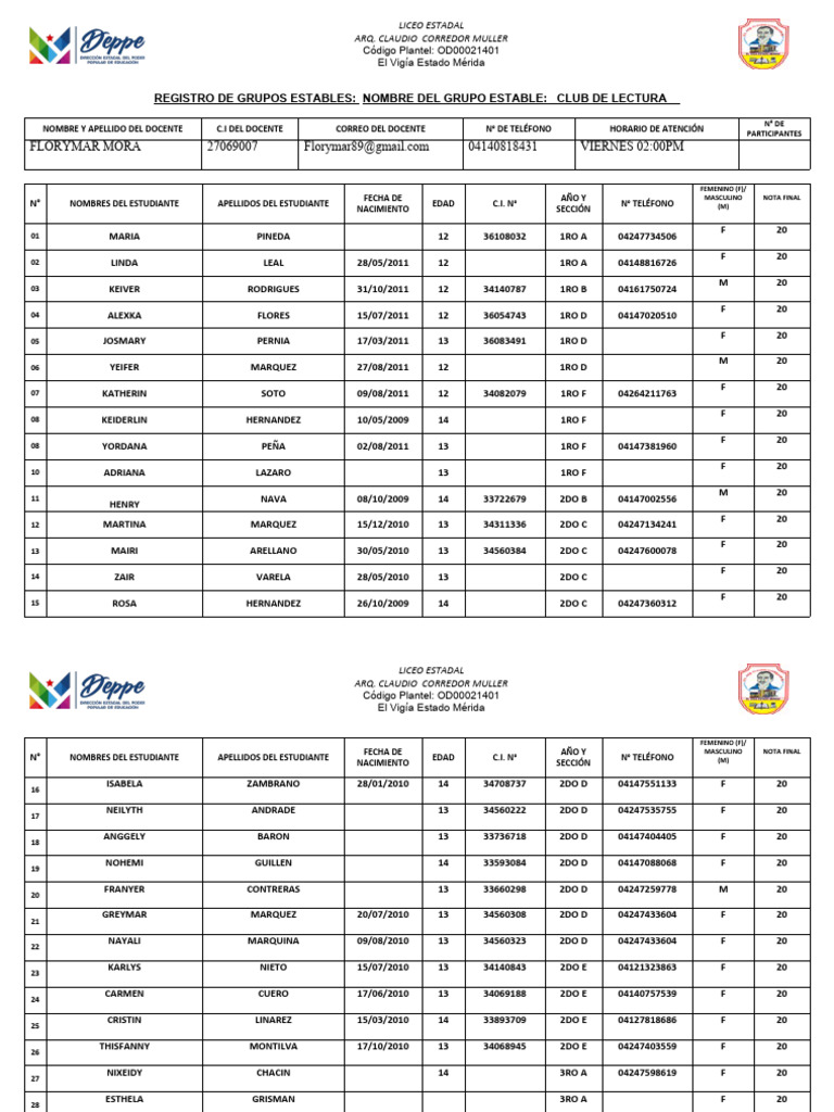 Formato Grupo Estable Notas 2024 | PDF
