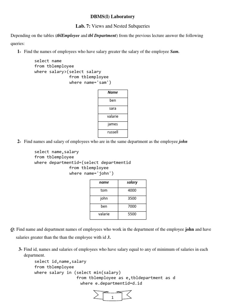Views And Nested Subqueries Pdf Table Database Computer Programming 5005