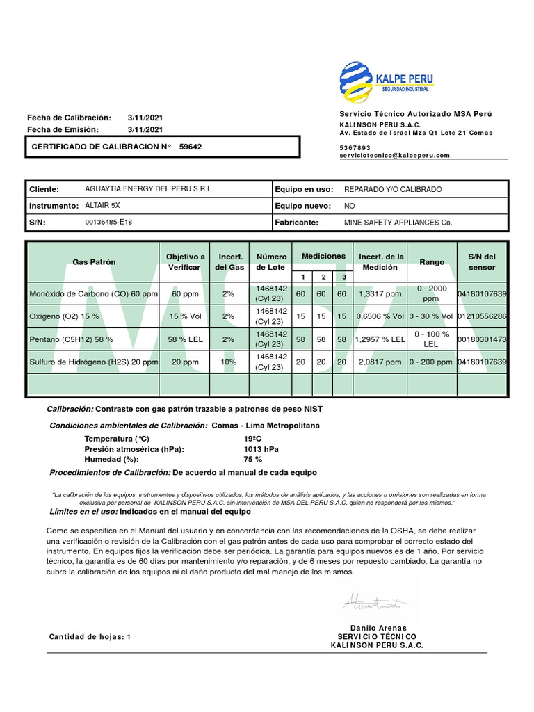 Servicio Técnico Autorizado MSA Perú | PDF | Calibración