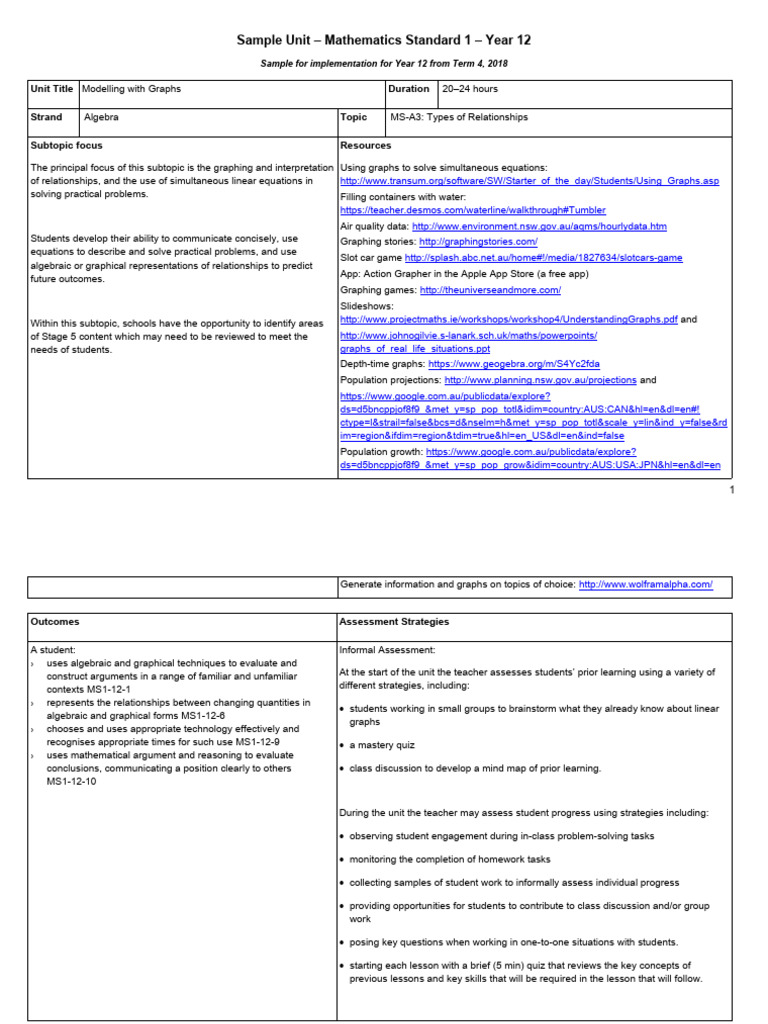 Stage 6 Support Material Y12 Mathematics Standard 1 Sample Teaching ...
