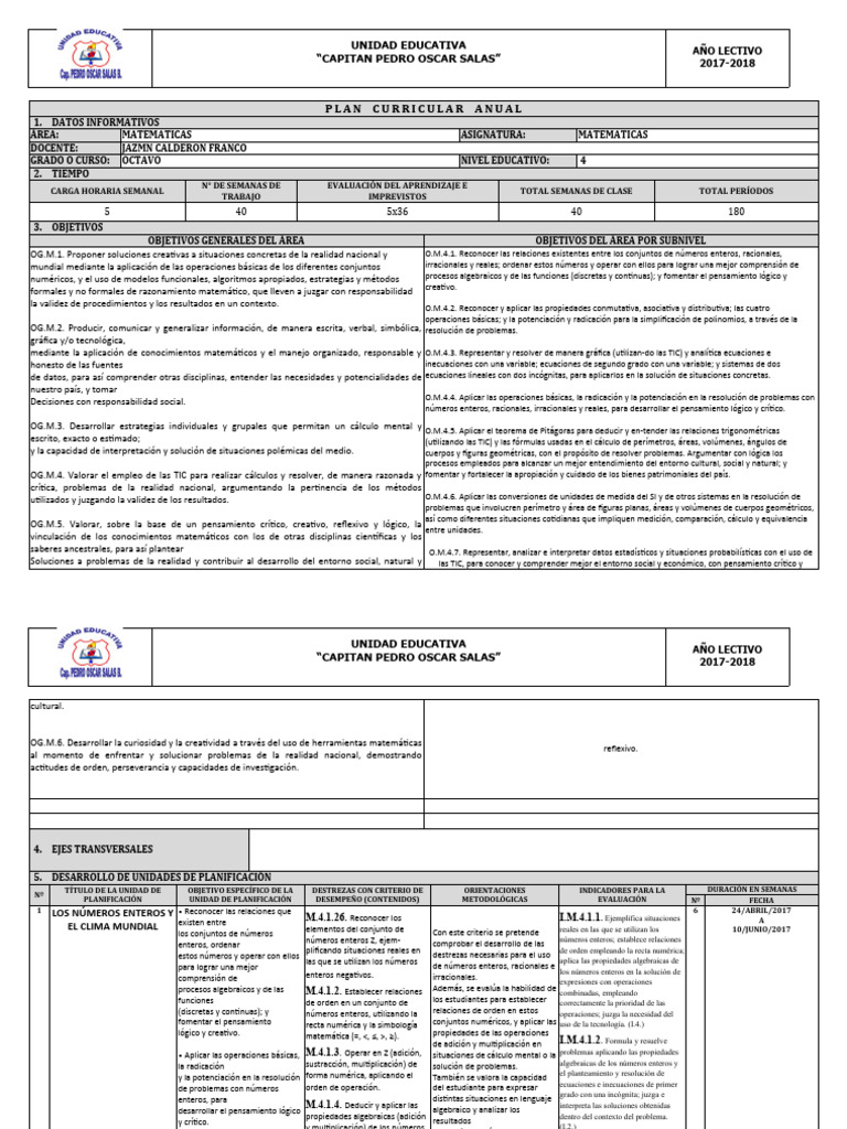 Plan Anual Mat 8 Pdf Números Ecuaciones