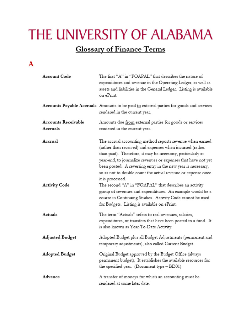 Glossary of Finance Terms UA | PDF | Expense | Debits And Credits