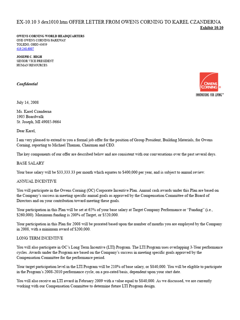 Offer Letter From Owens Corning To Karel Czanderna | PDF | Pension ...