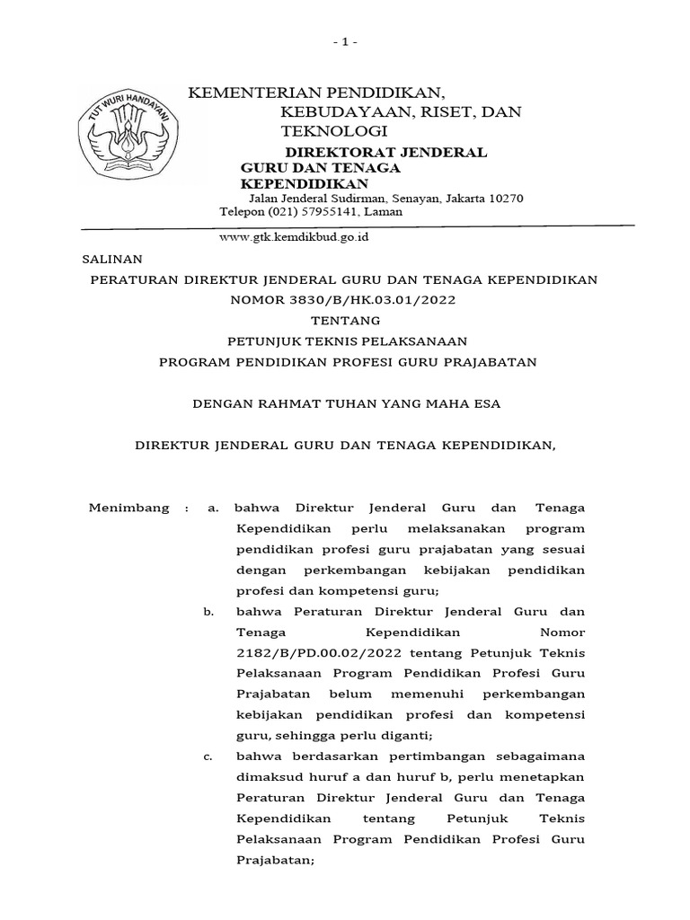 Salinan Perdirjen GTK TTG Juknis PPG Prajabatan - 221017 - 194708 | PDF