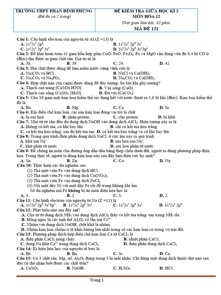 Bo de KT Giua HK2 Hoa 12 Nam 2021 2022 Co Dap An | PDF
