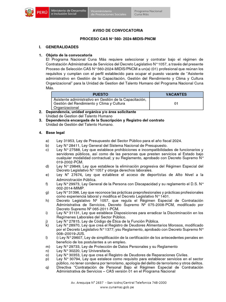 Convocatoria Asistente Administrativo Cuna Más | PDF | Educación más ...