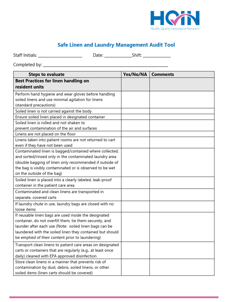 Safe Linen and Laundry Management Audit Tool - 508 1 | PDF | Linens | Laundry