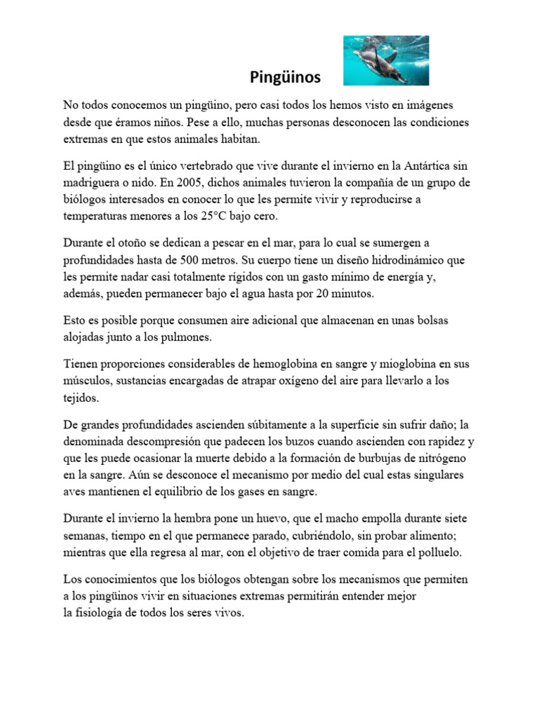 Adaptaciones de los pingüinos en la Antártica | PDF | Buceo bajo el agua
