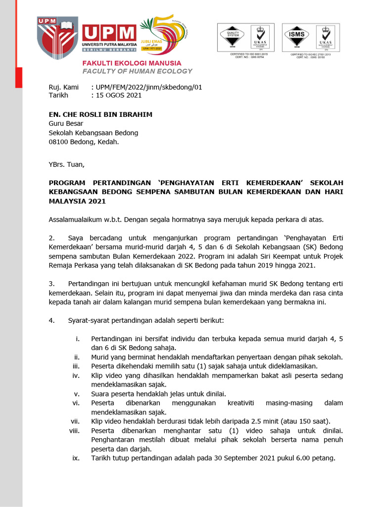 Surat UPM Kpd SK Bedong (15 Ogos 2022) | PDF