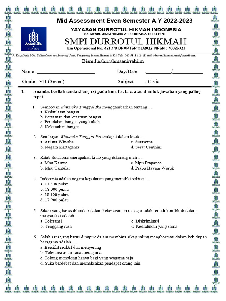 Form Mid Assessment S2 Civic 7 | PDF