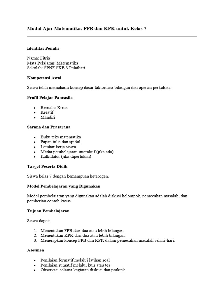 Modul Ajar Matematika Kelas 7 FPB Dan KPK | PDF