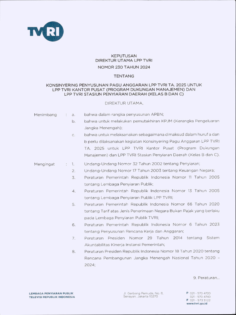 SK Dirut 230 24 Tentang Konsinyering Penyusunan Pagu Anggaran LPP Tvri Ta 2025 | PDF