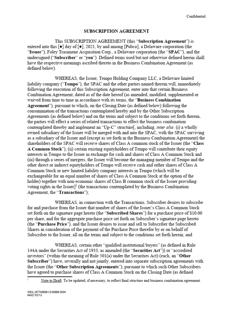 Project Acrobat - Form of PIPE Subscription Agreement | PDF | Securities Act Of 1933 | Office Of ...