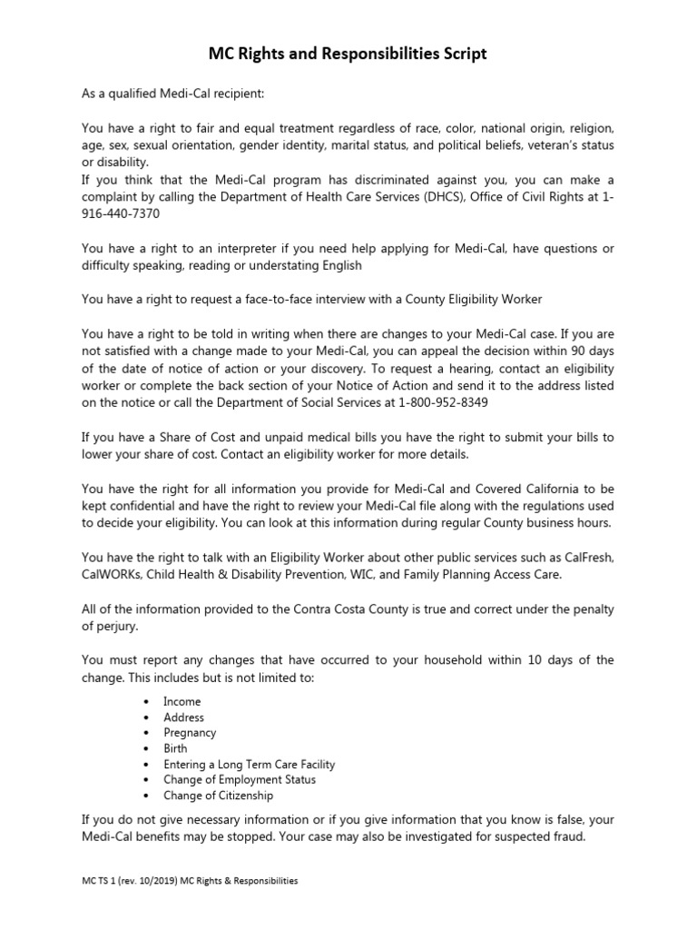 Medi-Cal Rights and Responsibilities | PDF | Disability | Justice