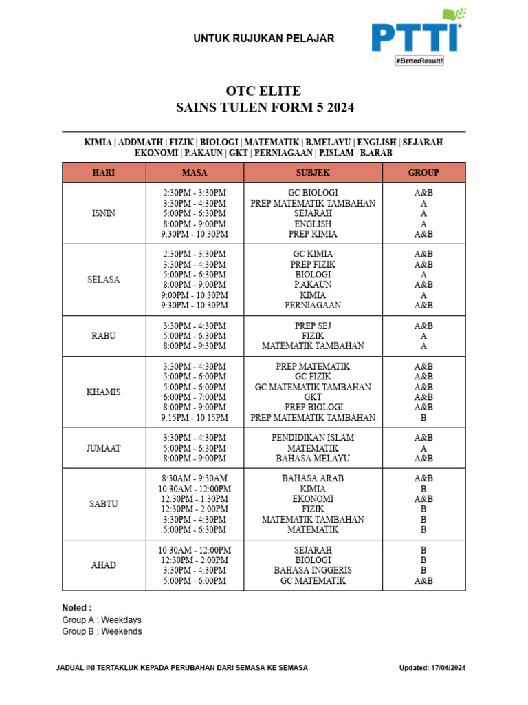 17.04 - Jadual Otc Ptti 2024 (Edisi Rujukan Pelajar) - 1-7 | PDF